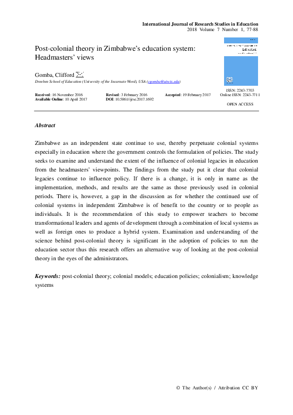 (PDF) Post-colonial theory in Zimbabwe’s education system: Headmasters ...
