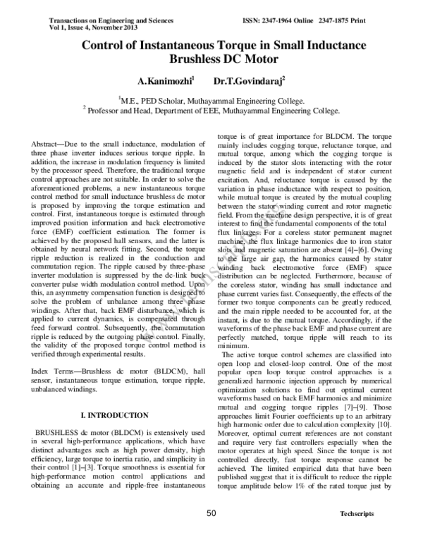 (PDF) Control of Instantaneous Torque in Small Inductance Brushless DC Motor