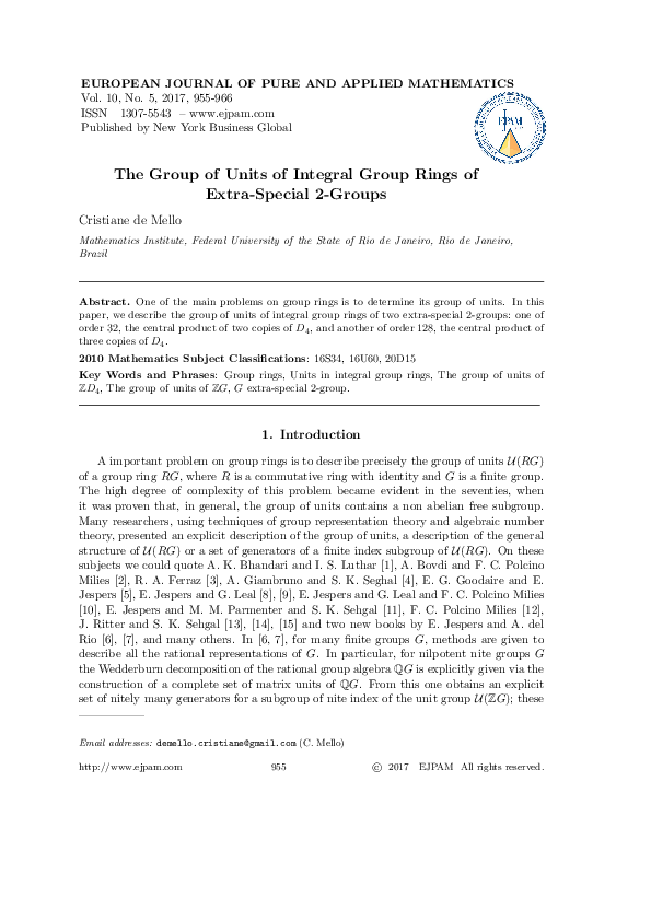 (PDF) The Group of Units of Integral Group Rings of Extra-Special 2-Groups