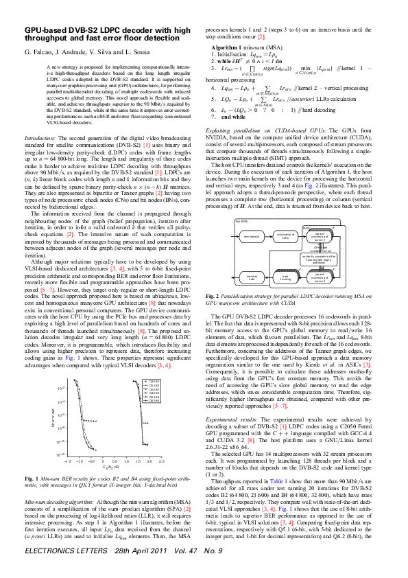 Pdf Gpu Based Dvb S2 Ldpc Decoder With High Throughput And Fast Error