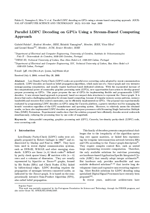 (PDF) Parallel LDPC Decoding on GPUs Using a Stream-Based Computing Approach