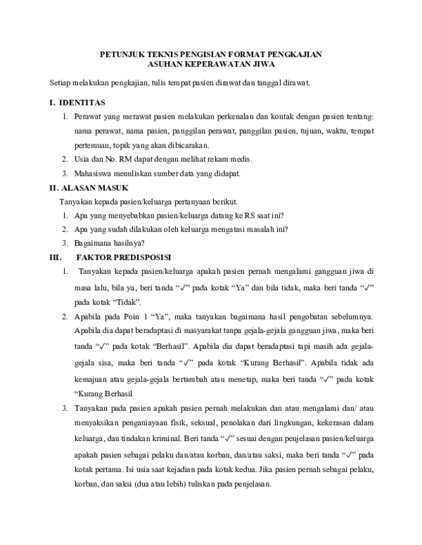 (DOC) PETUNJUK TEKNIS PENGISIAN FORMAT PENGKAJIAN ASKEP KEPERAWATAN JIWA
