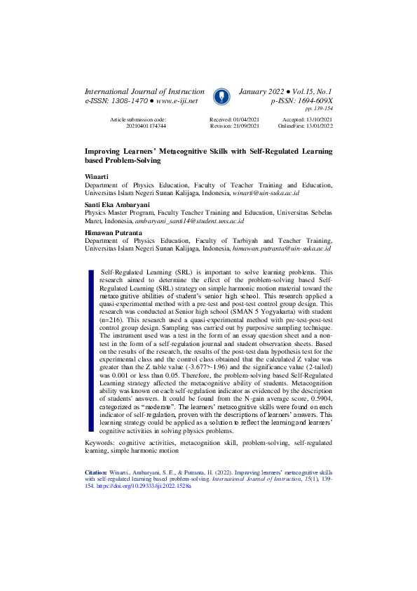 Pdf Improving Learners Metacognitive Skills With Self Regulated Learning Based Problem Solving
