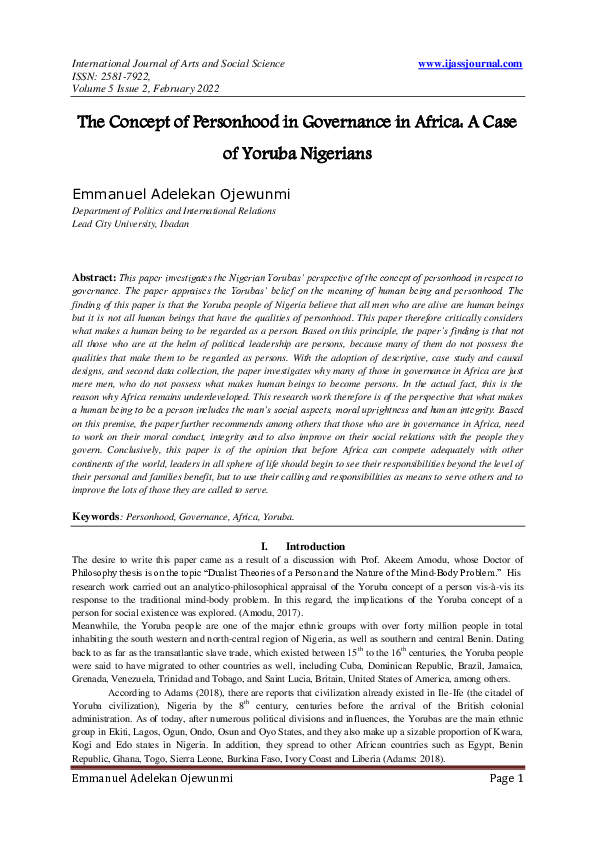 (PDF) The Concept of Personhood in Governance in Africa: A Case of ...