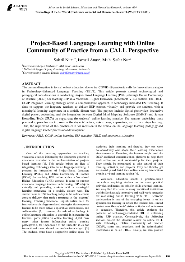 (PDF) Project-Based Language Learning with Online Community of Practice from a CALL Perspective