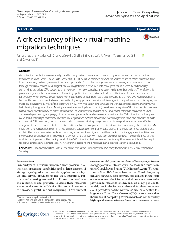 (PDF) A critical survey of live virtual machine migration techniques