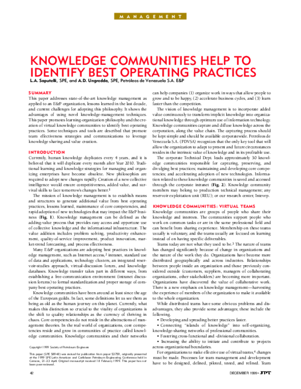 (PDF) Knowledge Communities Help To Identify Best Operating Practices