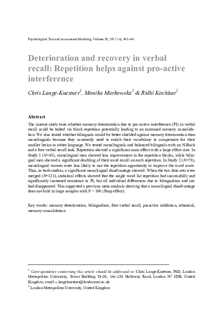 (PDF) Deterioration and Recovery in Verbal Recall: Repetition Helps ...