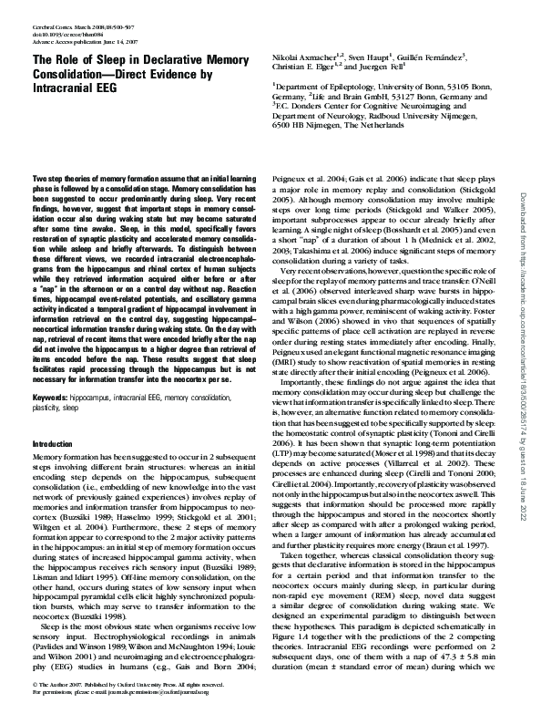 (PDF) The Role of Sleep in Declarative Memory Consolidation—Direct Evidence by Intracranial EEG