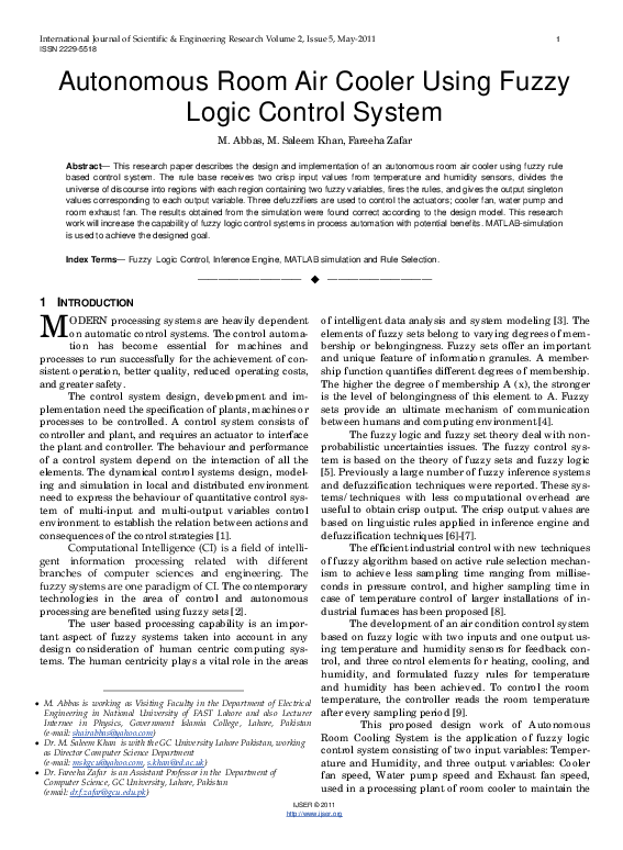 (PDF) Autonomous Room Air Cooler Using Fuzzy Logic Control System