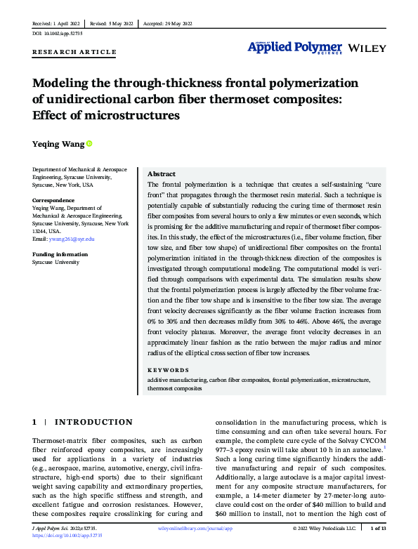 Pdf Modeling The Through Thickness Frontal Polymerization Of