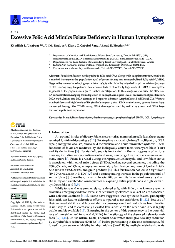 (PDF) Excessive Folic Acid Mimics Folate Deficiency in Human Lymphocytes