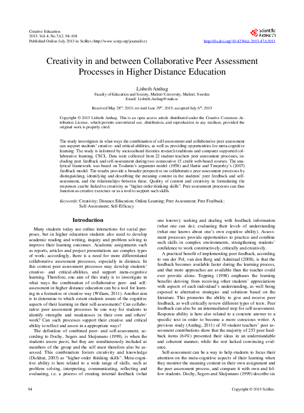 (PDF) Creativity in and between Collaborative Peer Assessment Processes in Higher Distance Education