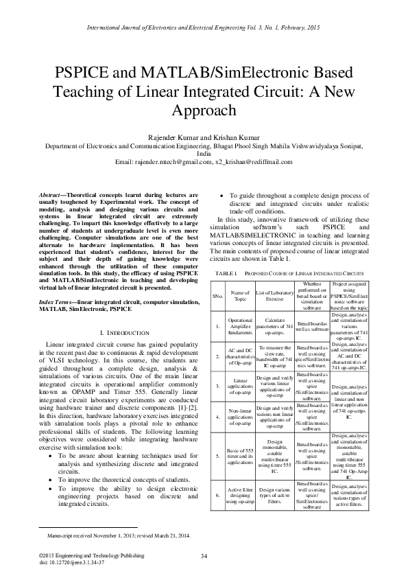 (PDF) PSPICE and MATLAB/SimElectronic Based Teaching of Linear Integrated Circuit: A New Approach