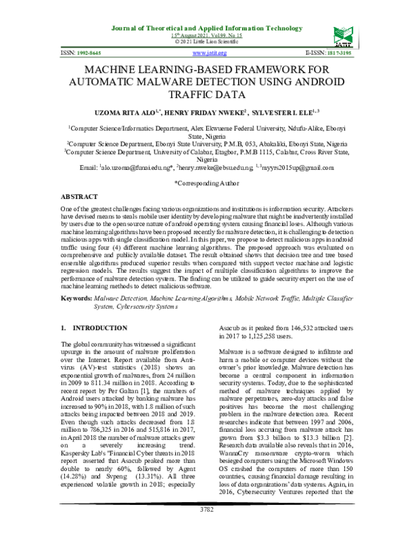 Pdf Machine Learning Based Framework For Automatic Malware Detection Using Android Traffic Data