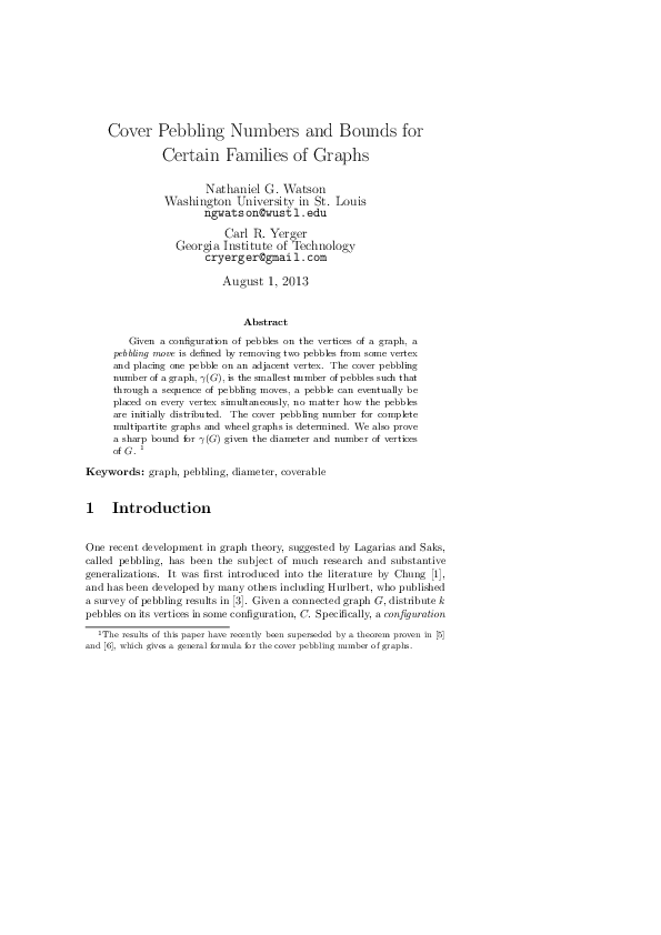 (PDF) Cover Pebbling Numbers in Graph Families