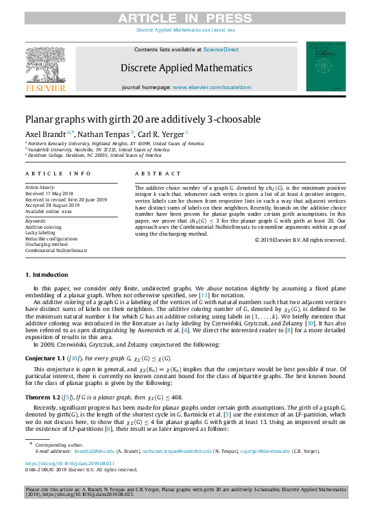 (PDF) Planar graphs with girth 20 are additively 3-choosable | Carl ...