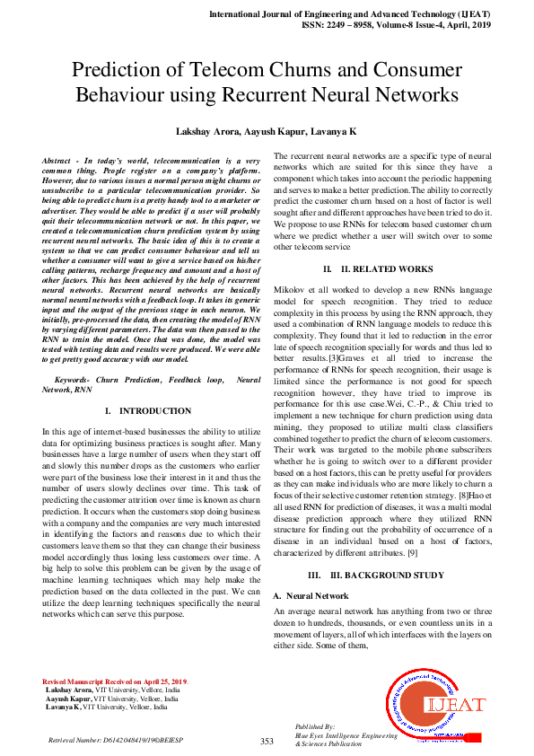 (PDF) Prediction of Telecom Churns and Consumer Behaviour using Recurrent Neural Networks