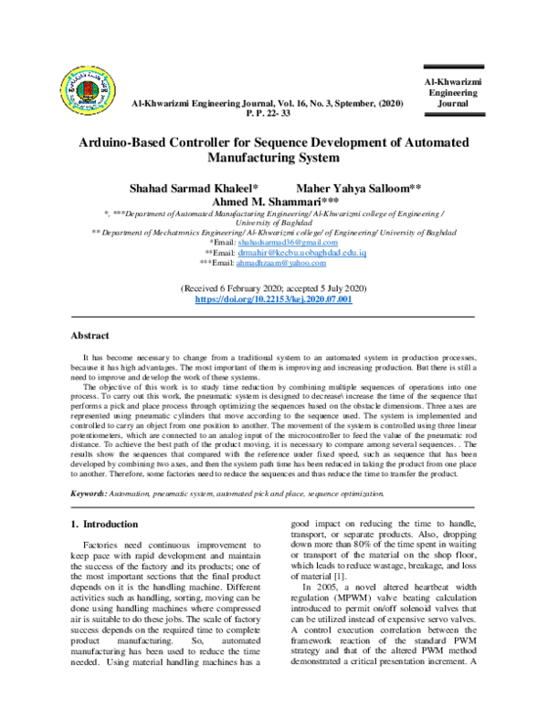 Pdf Arduino Based Controller For Sequence Development Of Automated Manufacturing System