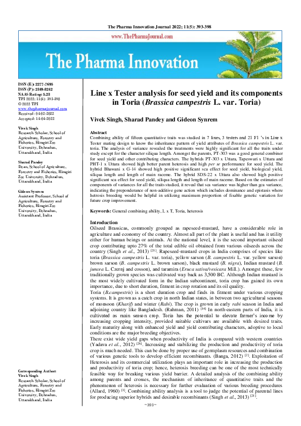 (PDF) Line x Tester analysis for seed yield and its components in Toria ...