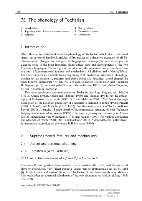 (PDF) The phonology of Tocharian