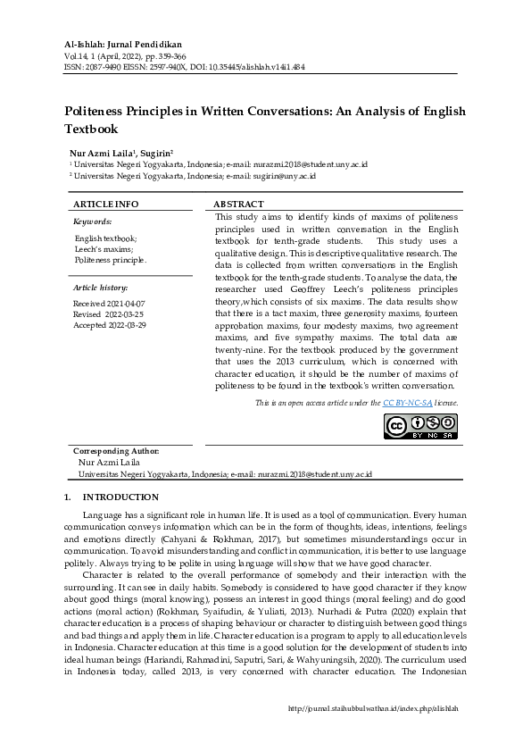 (PDF) Politeness Principles in Written Conversations: An Analysis of ...