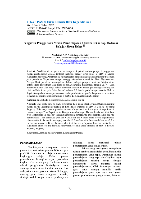 (PDF) Pengaruh Penggunaan Media Pembelajaran Quizizz Terhadap Motivasi Belajar Siswa Kelas V
