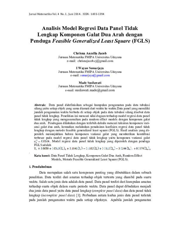 (PDF) Analisis Model Regresi Data Panel Tidak Lengkap Komponen Galat Dua Arah dengan Penduga ...