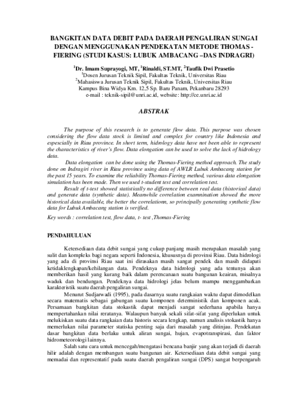 (PDF) Bangkitan Data Debit Pada Daerah Pengaliran Sungai Dengan ...