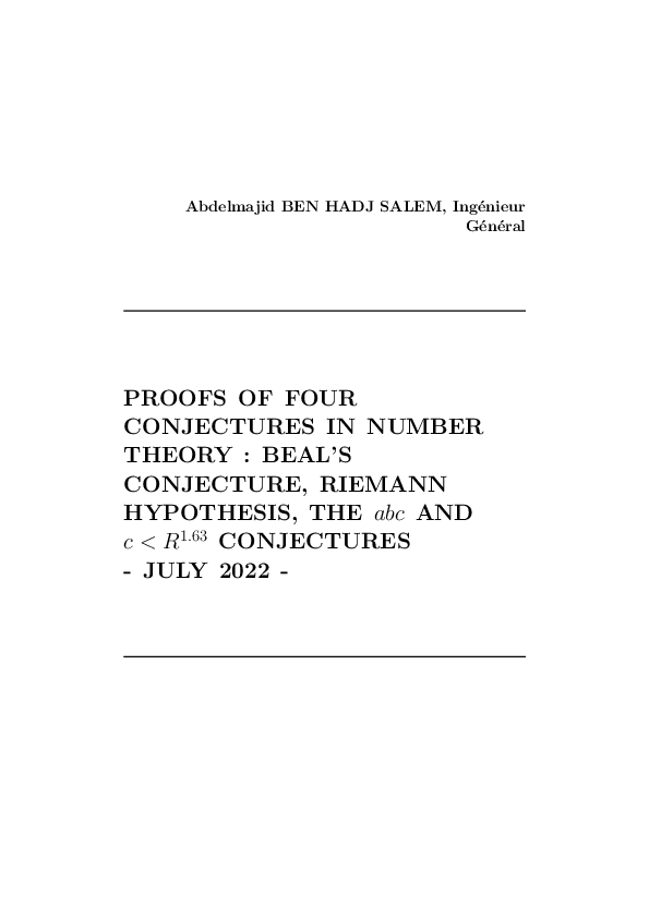 (PDF) Proofs of Four Conjectures in Number Theory : Beal's Conjecture ...
