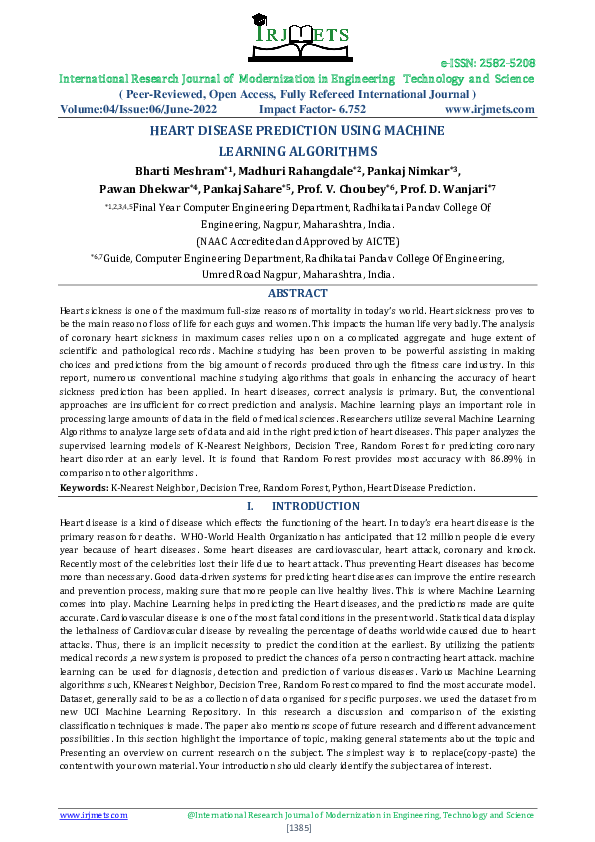 (PDF) HEART DISEASE PREDICTION USING MACHINE LEARNING ALGORITHMS