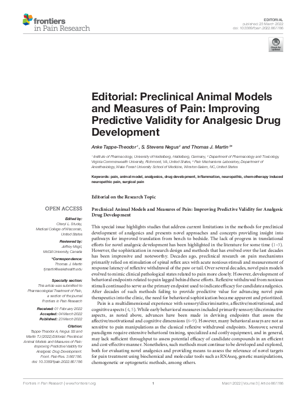 (PDF) Editorial: Preclinical Animal Models and Measures of Pain ...