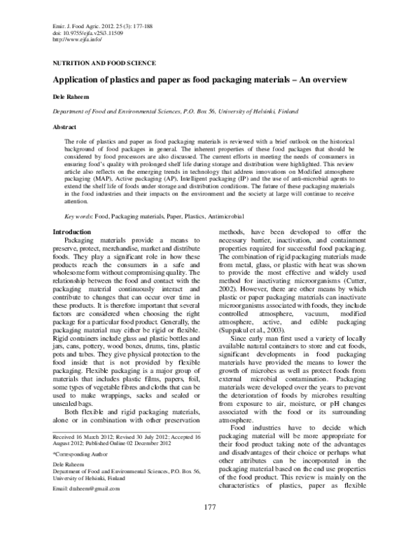 (PDF) Application of plastics and paper as food packaging materials ...