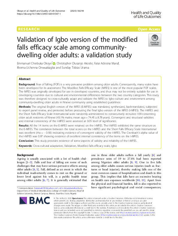 (PDF) Validation Of IGBO Version Of The Modified Falls Efficacy Scale ...