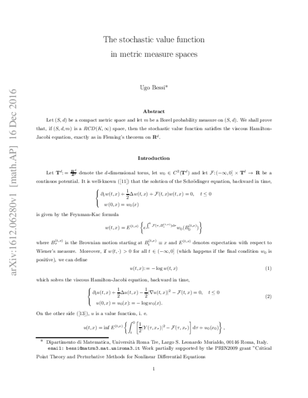 (PDF) The stochastic value function on metric measure spaces | Ugo ...