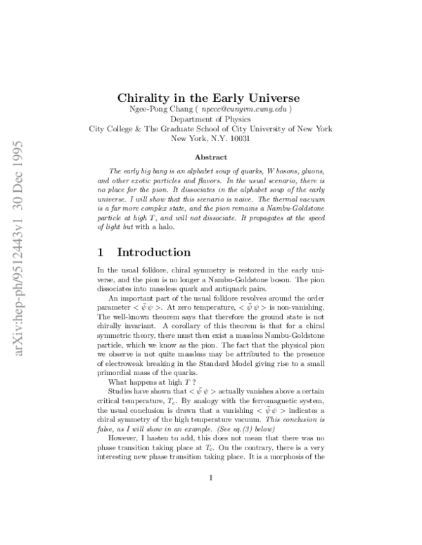 (PDF) Chirality in the Early Universe