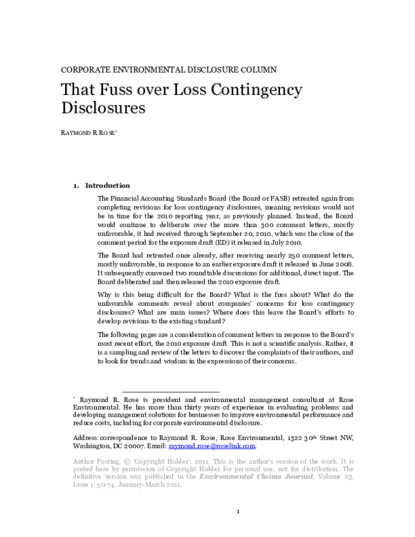 (PDF) That Fuss over Loss Contingency Disclosures | Raymond Rose ...