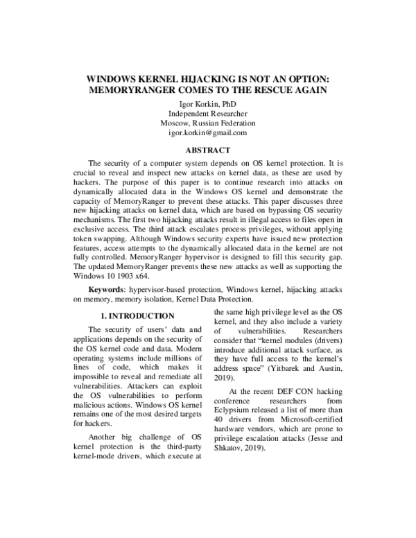 Pdf Windows Kernel Hijacking Is Not An Option Memoryranger Comes To The Rescue Again