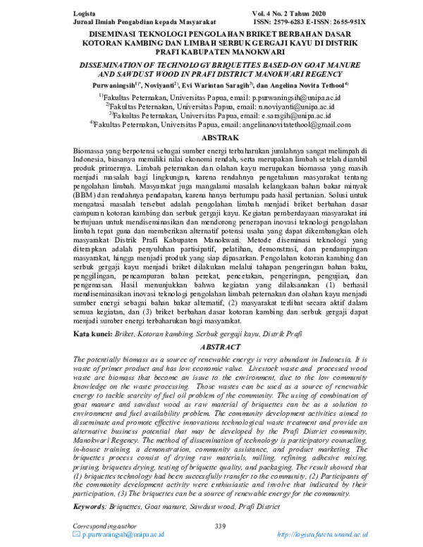 (PDF) Diseminasi Teknologi Pengolahan Briket Berbahan Dasar Kotoran Kambing Dan Limbah Serbuk ...