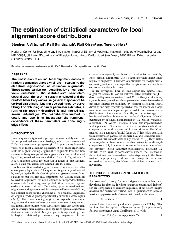 Pdf The Estimation Of Statistical Parameters For Local Alignment