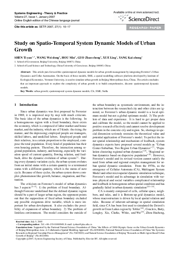 (PDF) Study on Spatio-Temporal System Dynamic Models of Urban Growth