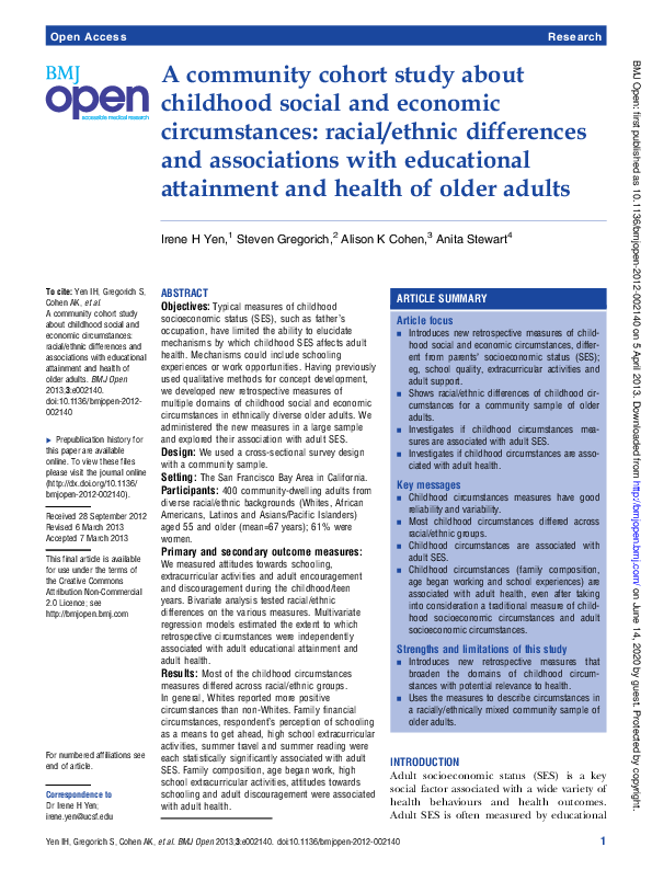 (PDF) A community cohort study about childhood social and economic ...