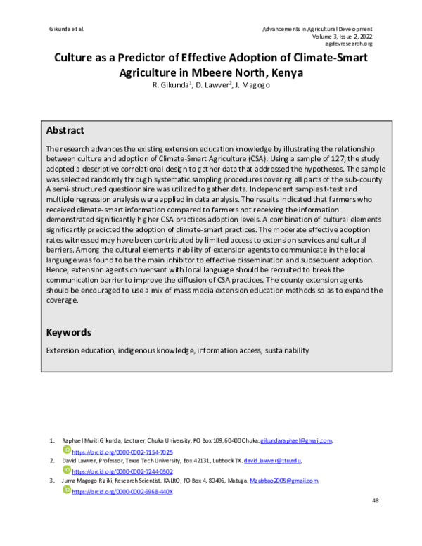 (PDF) Culture as a predictor of effective adoption of climate-smart ...