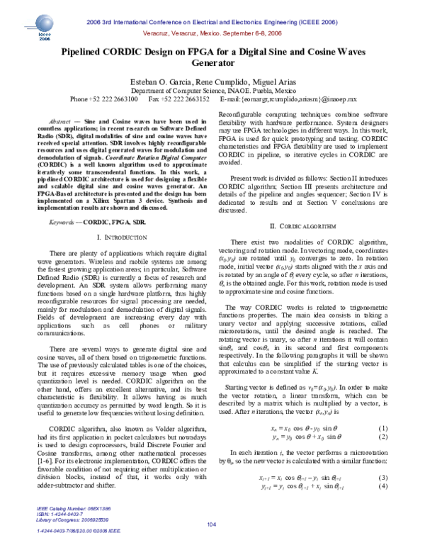 (PDF) Pipelined CORDIC Design on FPGA for a Digital Sine and Cosine ...