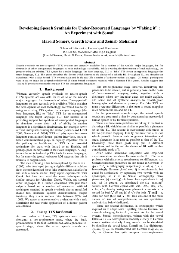 Pdf Developing Speech Synthesis For Underresourced Languages By Faking It An Experiment With