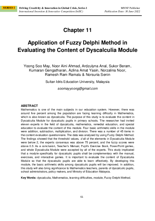 (PDF) Application of Fuzzy Delphi Method in Evaluating the Content of Dyscalculia Module