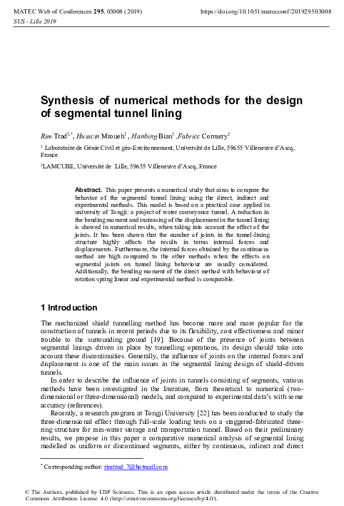 Pdf Synthesis Of Numerical Methods For The Design Of Segmental Tunnel Lining Hussein Mroueh