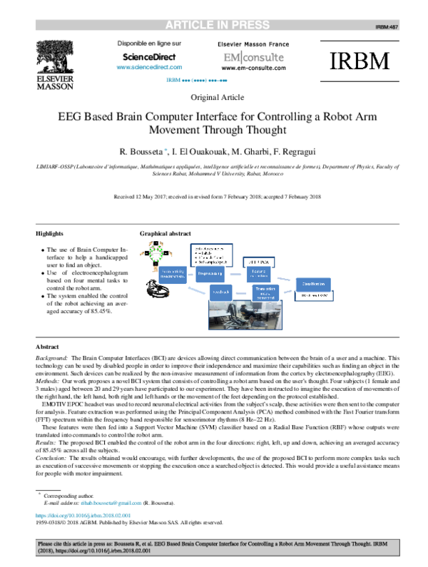 (PDF) EEG Based Brain Computer Interface for Controlling a Robot Arm Movement Through Thought