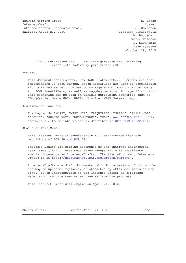 (PDF) RADIUS Extensions for IP Port Configuration and Reporting