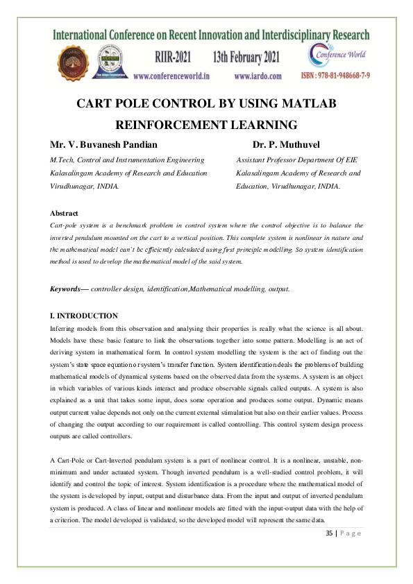 (PDF) Cart Pole Control by Using Matlab Reinforcement Learning